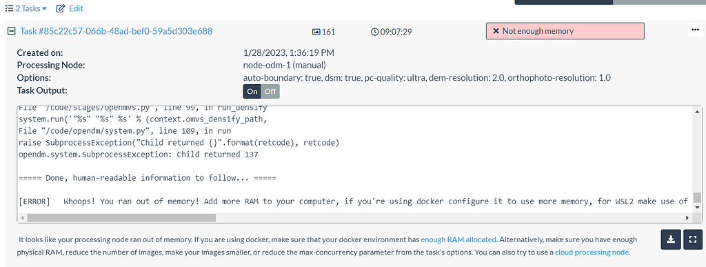 Not enough memory issue - WebODM - OpenDroneMap Community