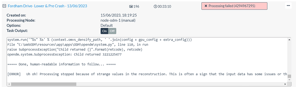 Processing failed 2 combined data sets - WebODM - OpenDroneMap Community