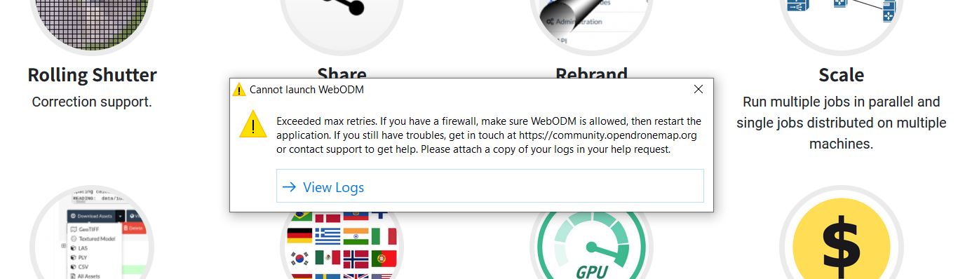 Cannot launch WebODM - Exceeded max retrie - WebODM - OpenDroneMap Community