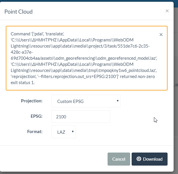 Error when trying to download point cloud in WebODM Lighting - WebODM - OpenDroneMap Community