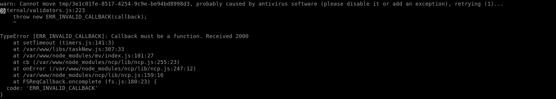 Cannot move ${srcPath}, probably caused by antivirus software (please disable it or add an ...